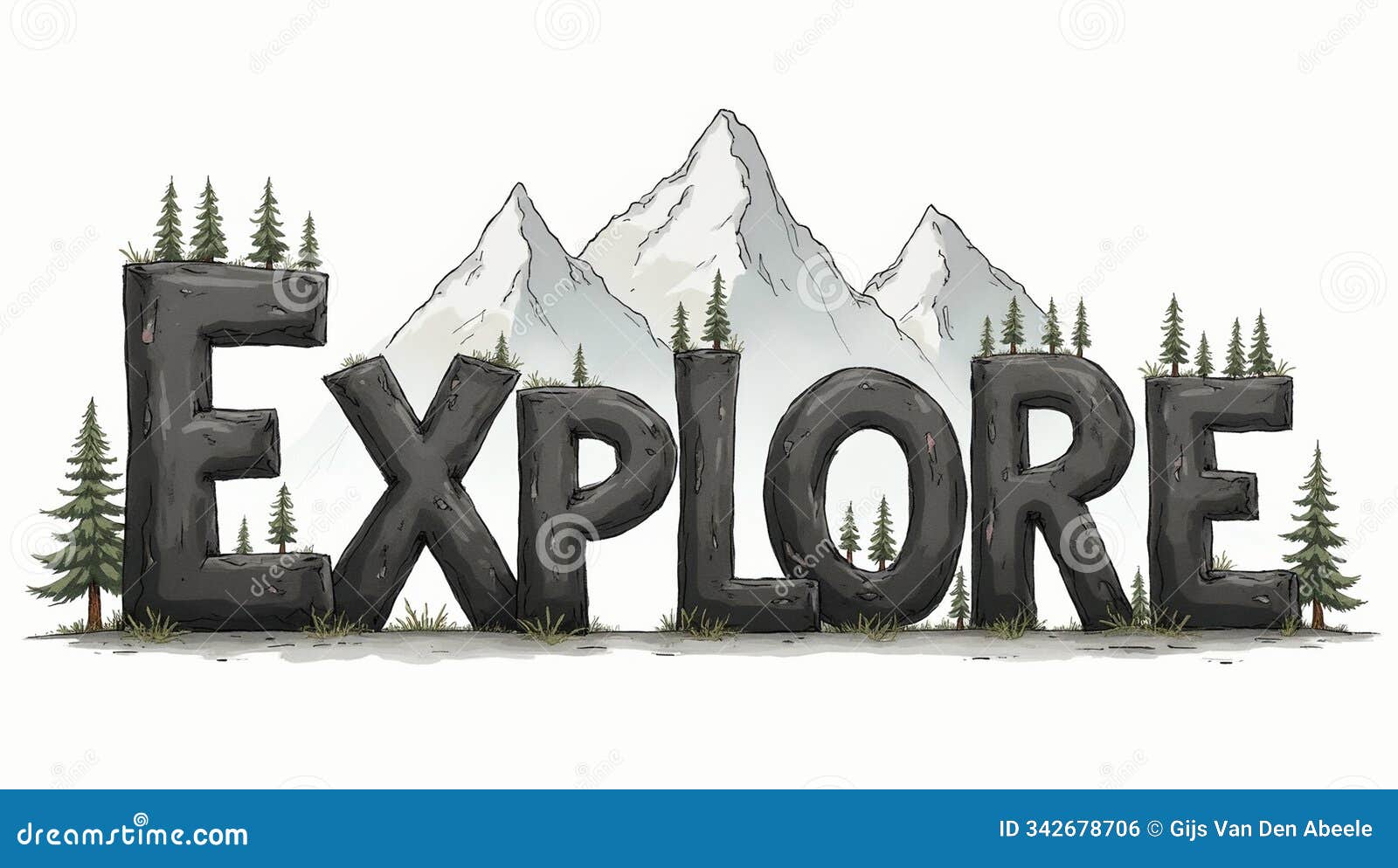 Explore Word in Rugged Letters with Mountain Peaks and Tree Doodles ...