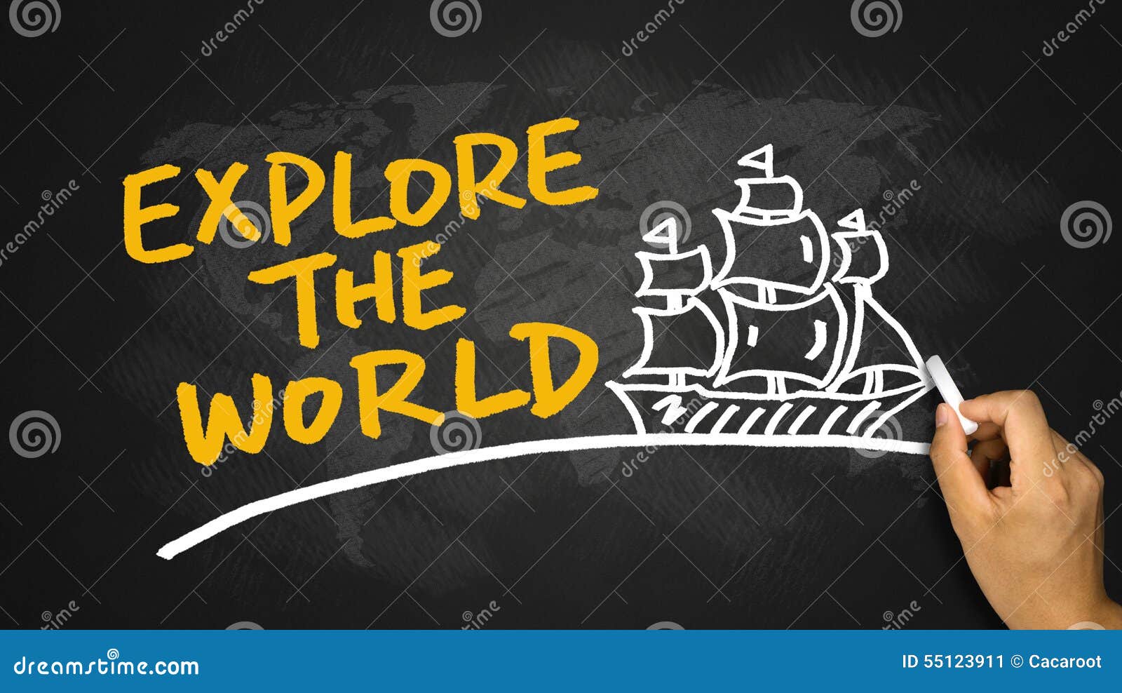 Explore the World Concept and Sailing Ship Hand Drawing on Black Stock ...