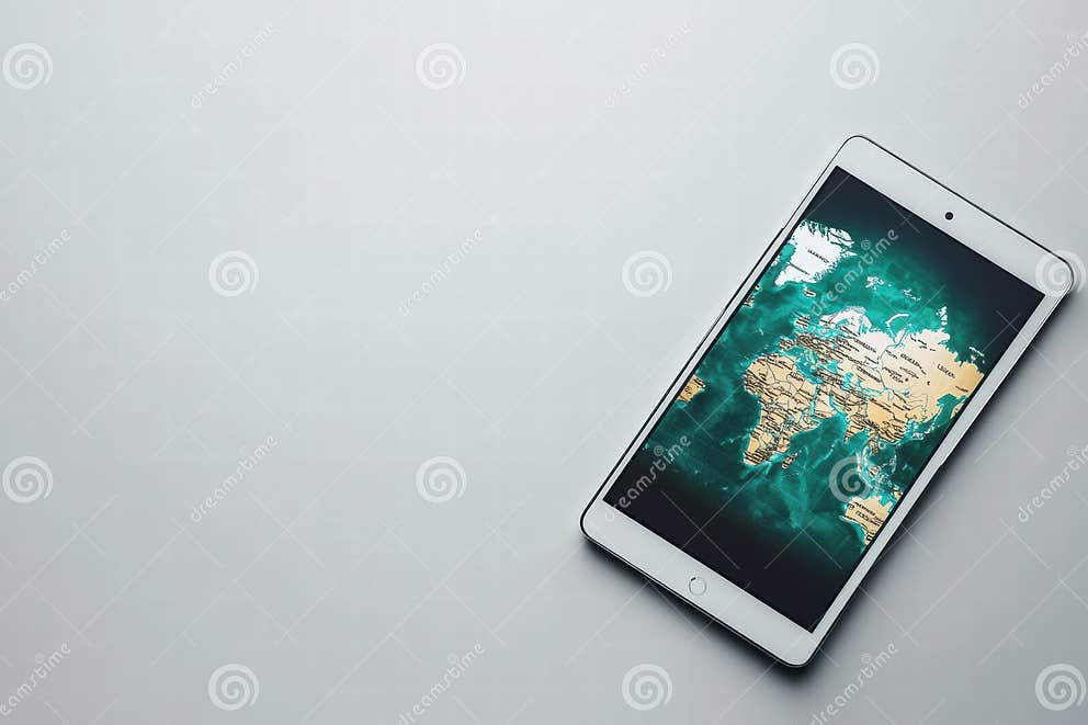 Explore the World Digitally with a Tablet Showing a Detailed World Map ...