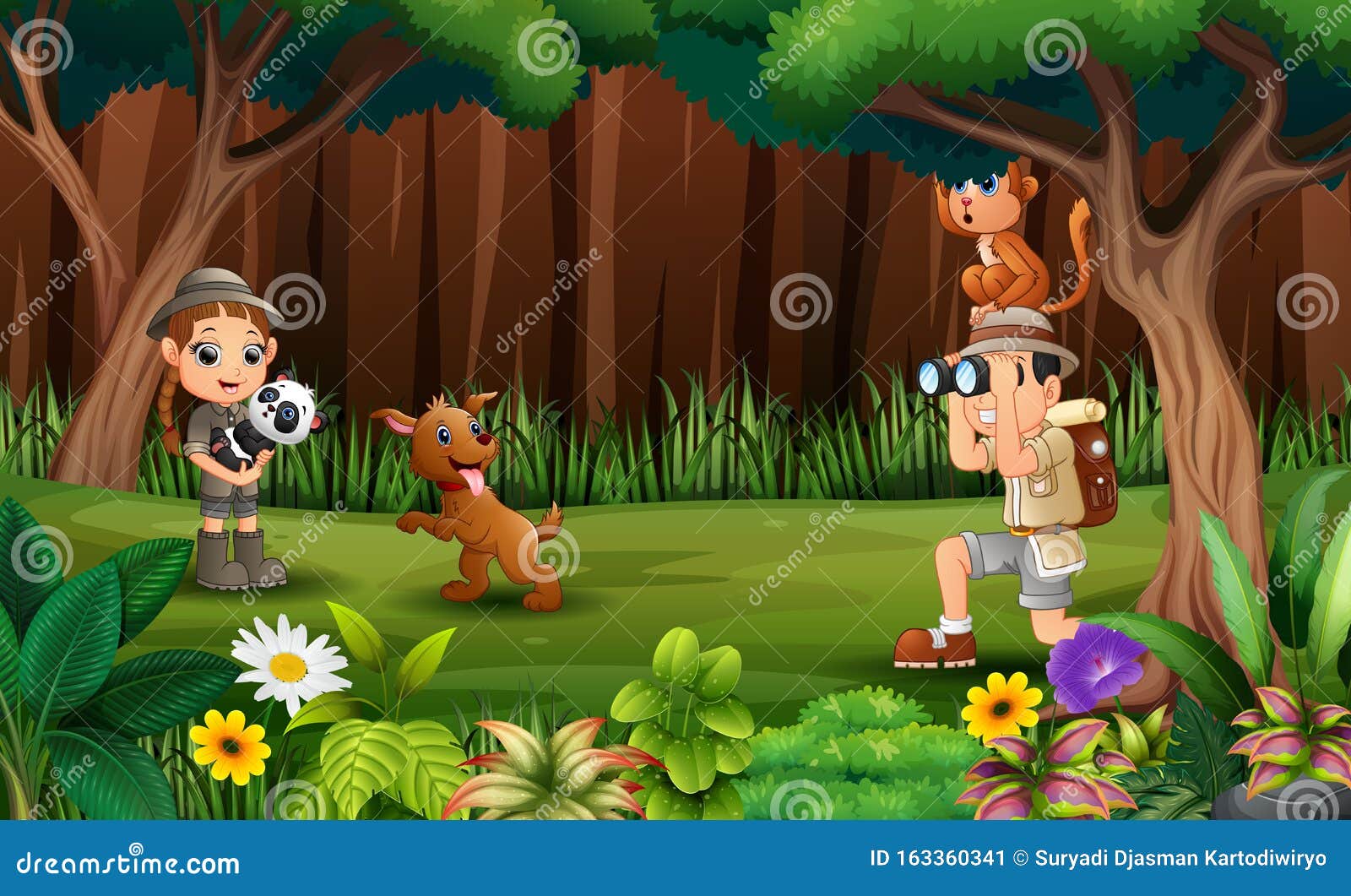 The Explorer with Animals on the Forest Stock Vector - Illustration of ...
