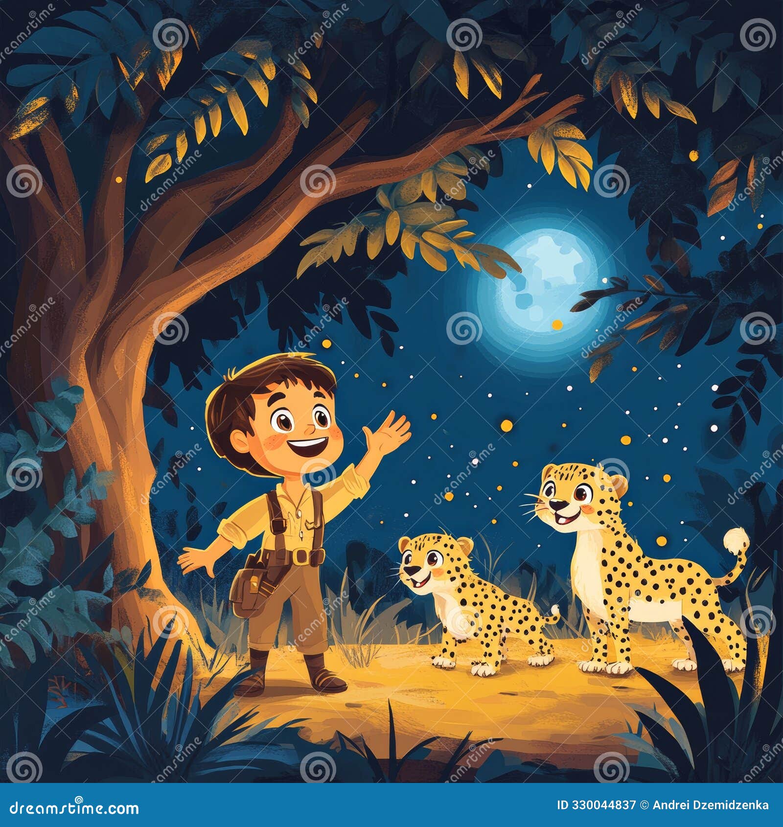The Explorer Boy and the Cheetah Under the Tree in a Cartoon Stock ...