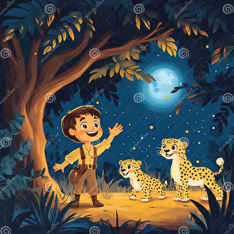 The Explorer Boy and the Cheetah Under the Tree in a Cartoon Stock Image - Image of fauna ...