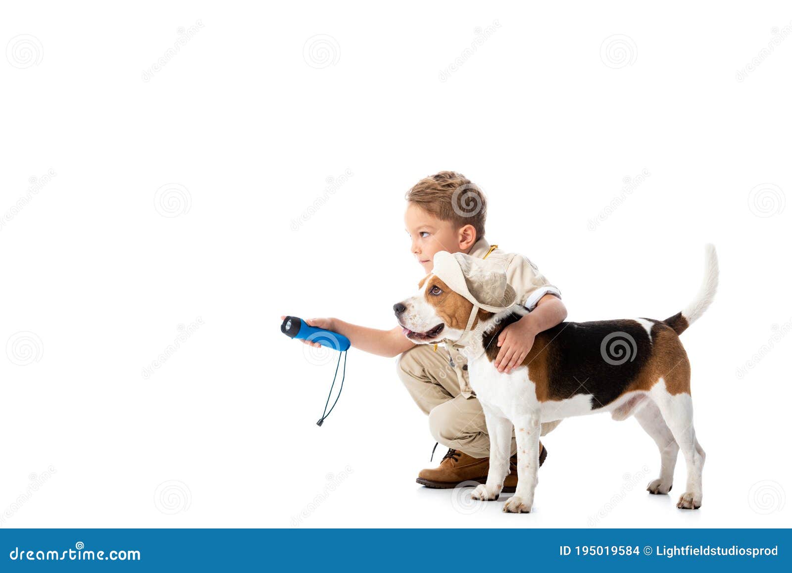 Explorer Child Holding Flashlight and Embracing Beagle Dog in Hat ...
