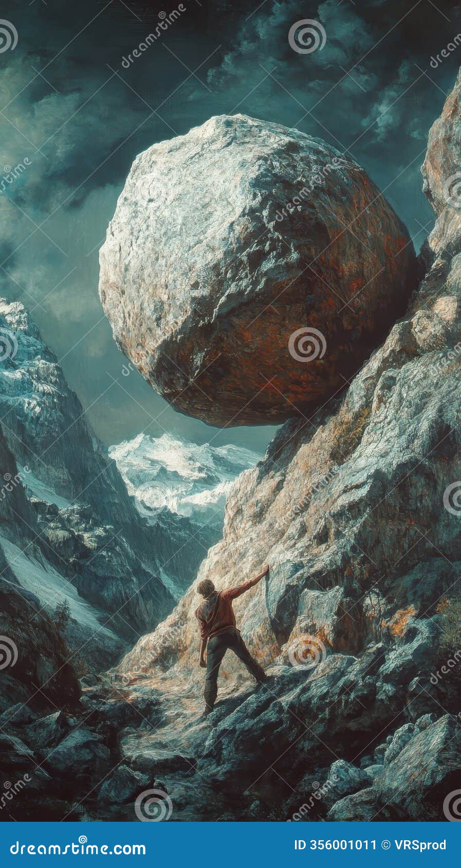 Explorer Confronts Massive Boulder in Dramatic Alpine Scene Stock Image ...