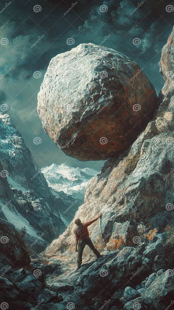 Explorer Confronts Massive Boulder in Dramatic Alpine Scene Stock Image ...