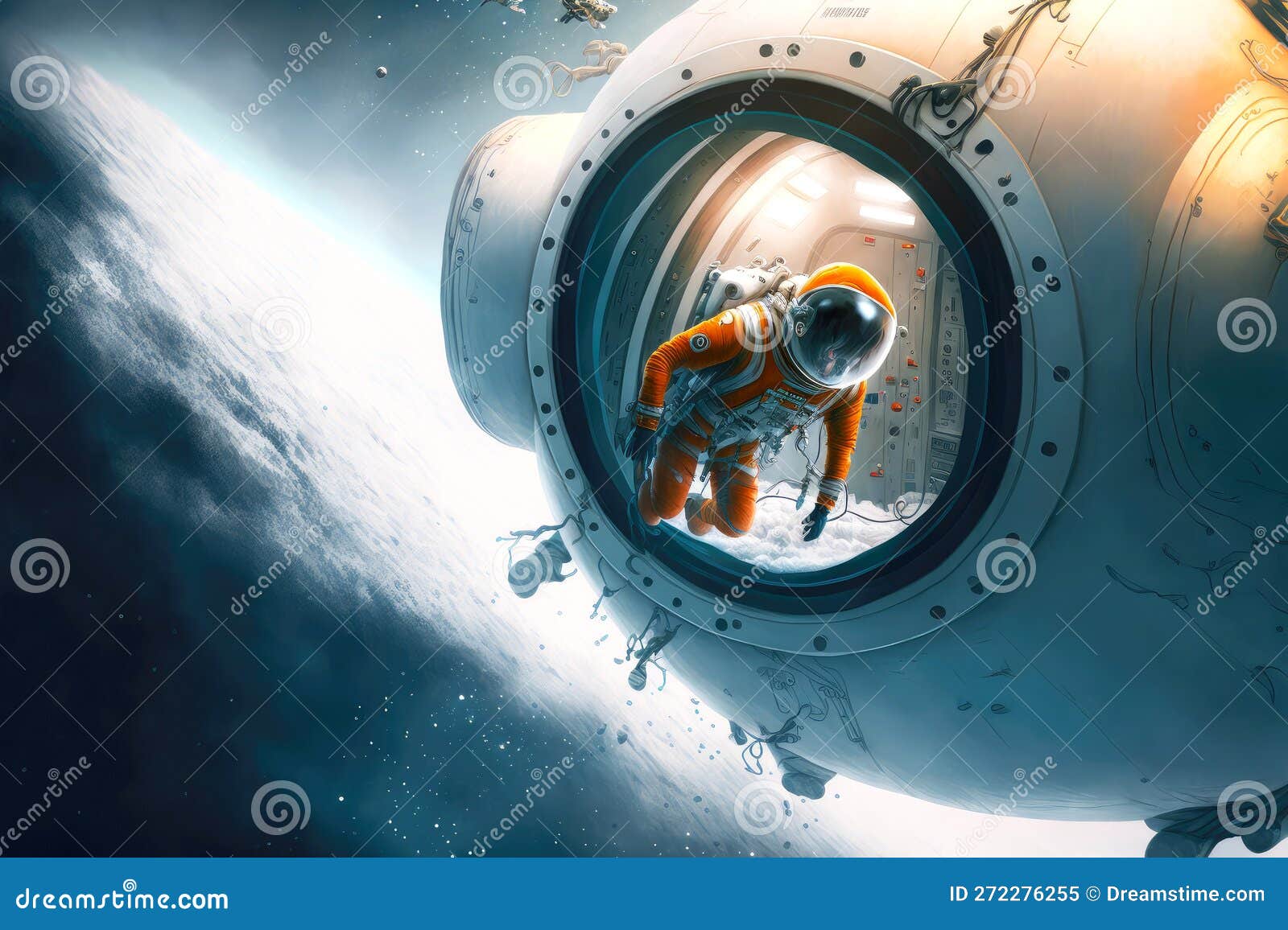 Explorer Floating Astronaut Climbing into Airlock of E Rocket Stock ...