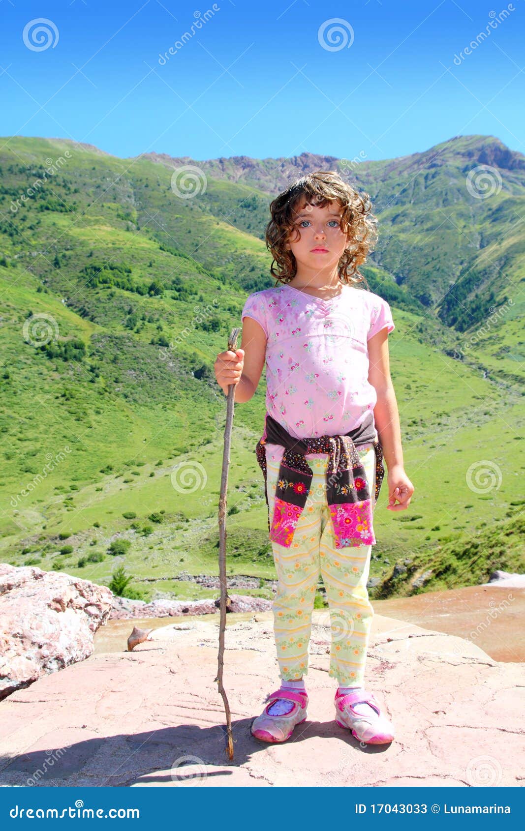 Explorer Girl Hicker Stick High Green Valley Stock Image - Image of ...