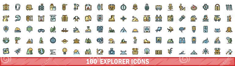 100 Explorer Icons Set, Color Line Style Stock Illustration ...