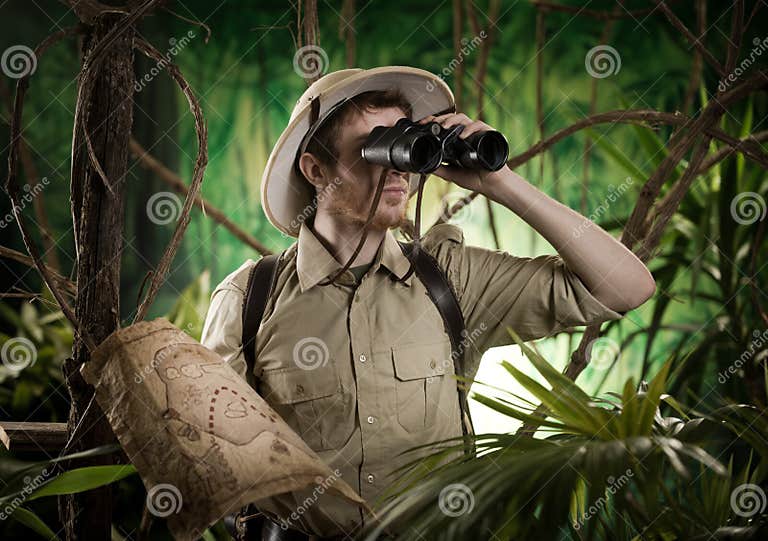 Explorer in the Jungle with Binoculars Stock Image - Image of jungle ...