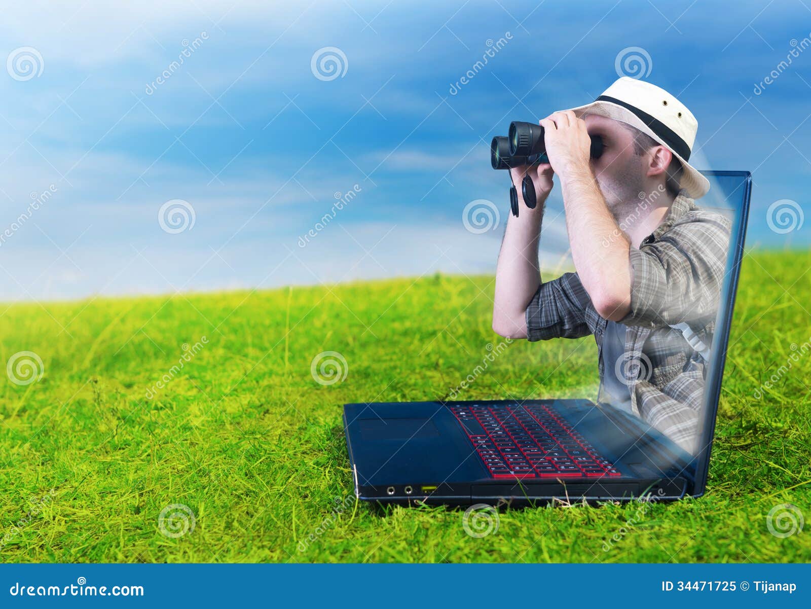 Explorer Looking through Binoculars from Laptop Stock Image - Image of ...