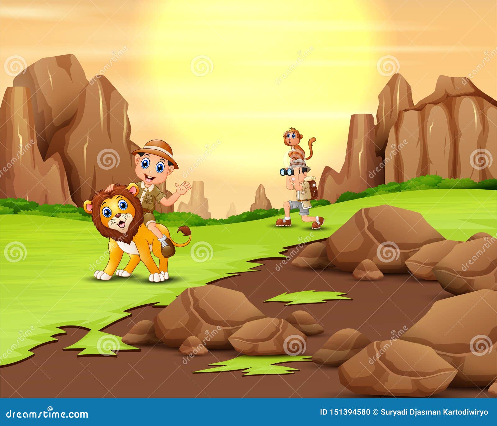 The Explorer Man with Animals in the Field Stock Vector - Illustration ...