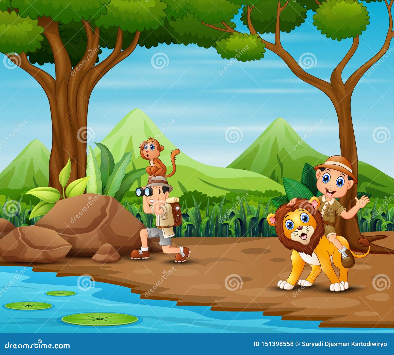 The Explorer Man with Animals in the Forest Stock Vector - Illustration ...