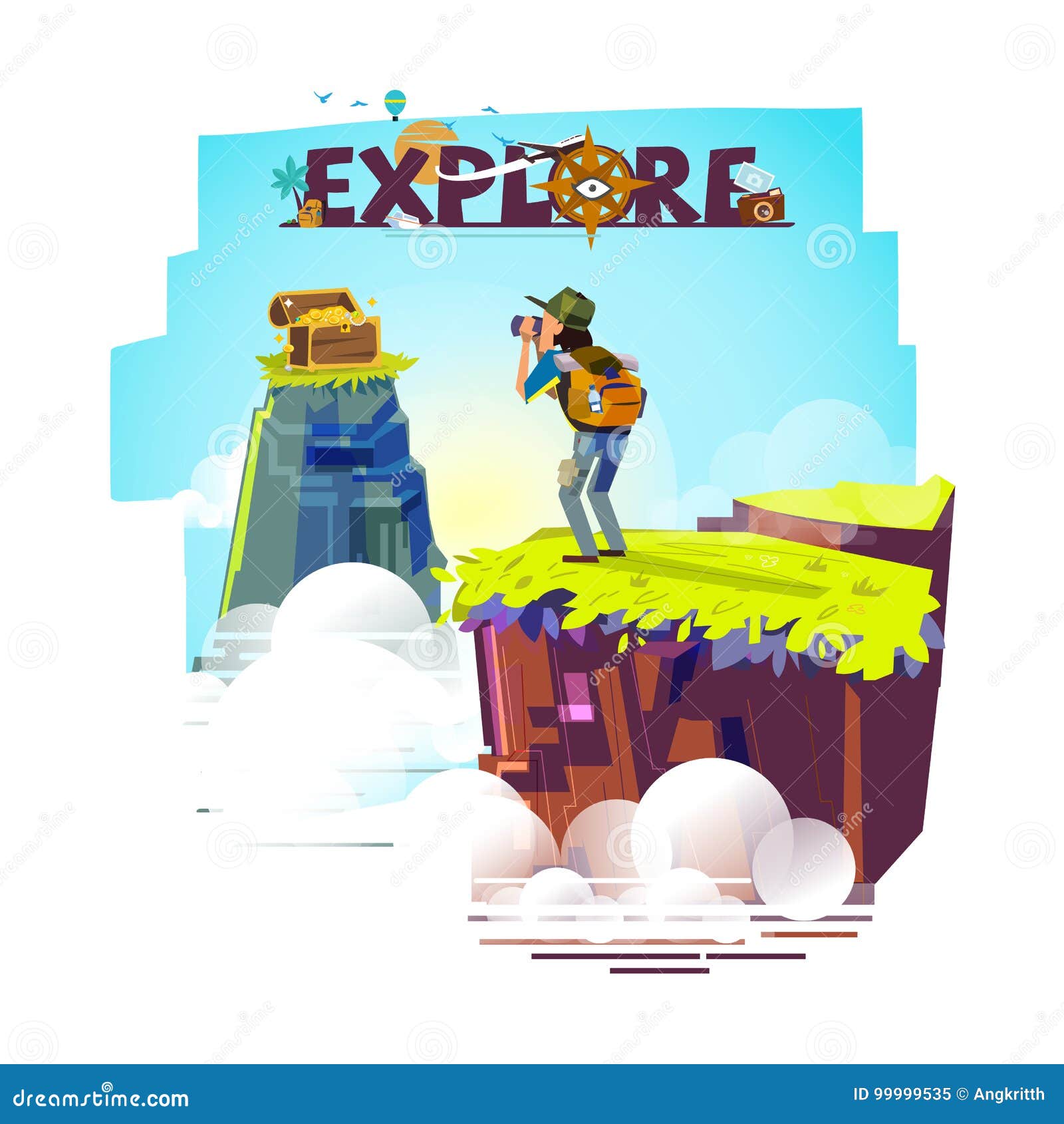 Explorer Man with Binocular on Top of the Mountain Looking for T Stock ...