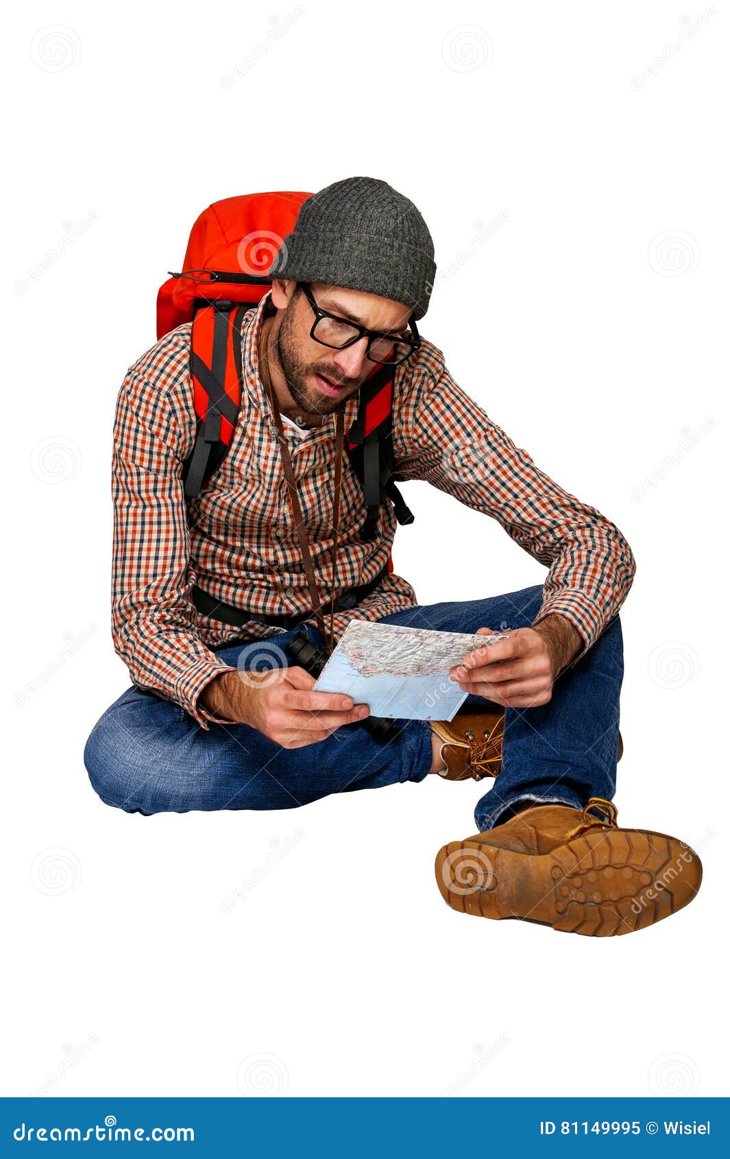 Explorer Man Browsing Map Over White Background. Stock Image - Image of ...