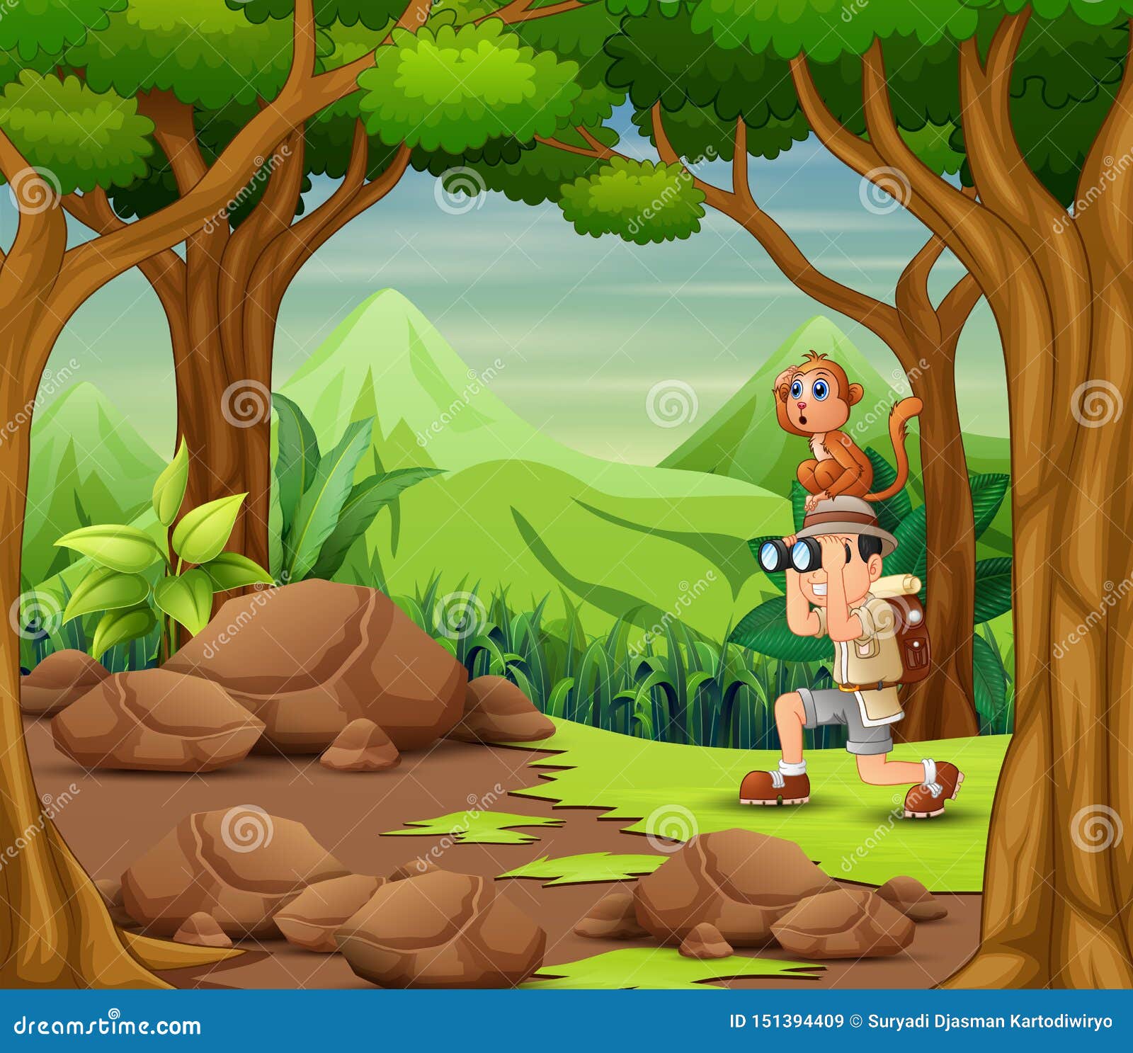 The Explorer Man with Monkey in the Forest Stock Vector - Illustration ...