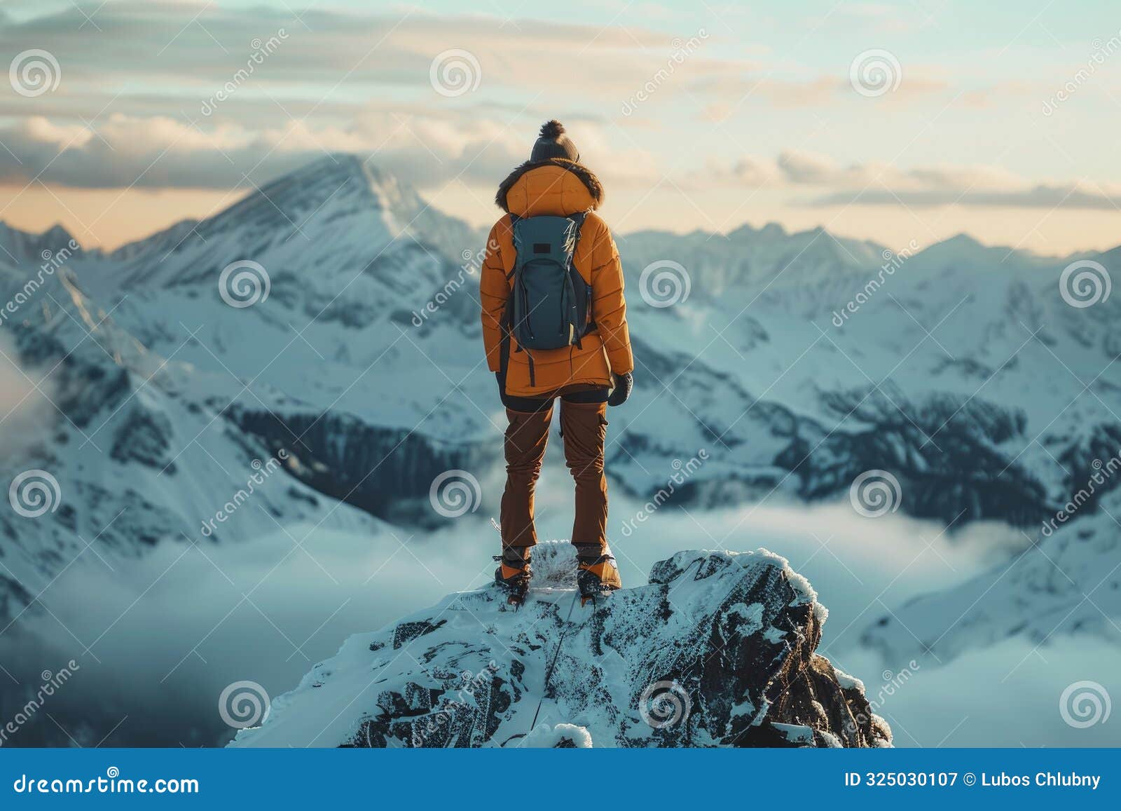 Explorer on Mountain Peak Against Breathtaking Sunrise Stock ...