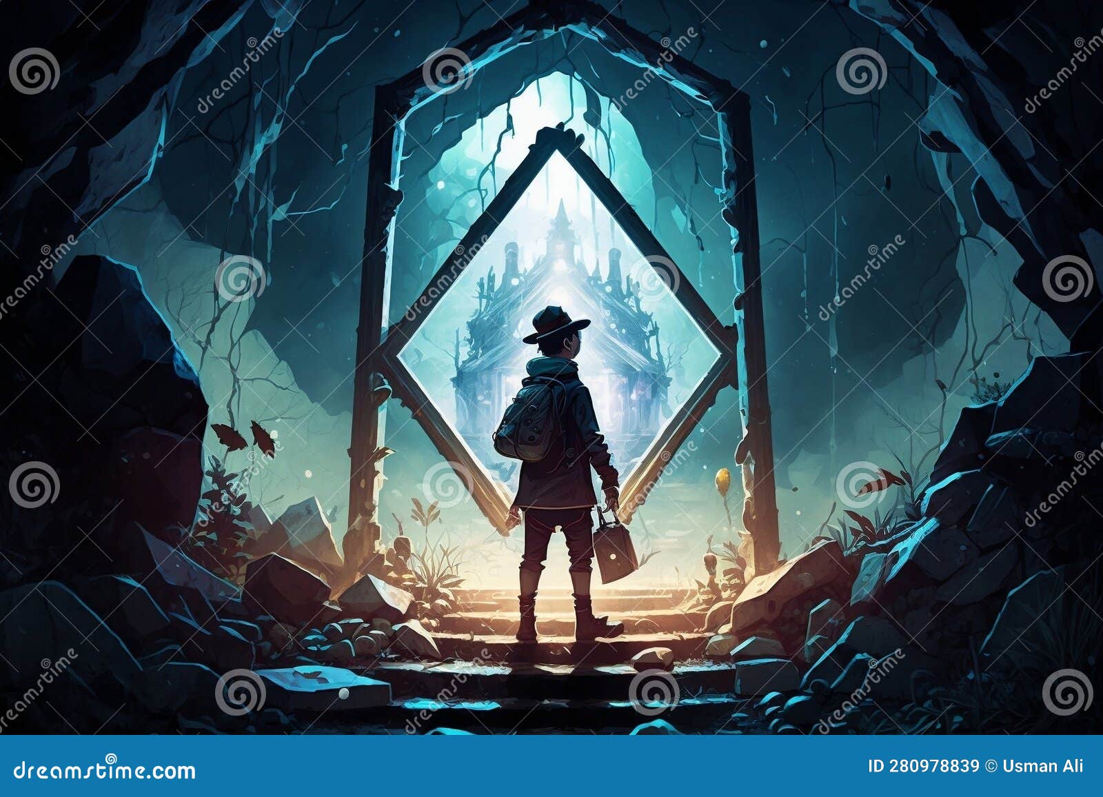 Explorer In A Mysterious Cave With Ancient Drawings And Illuminated ...