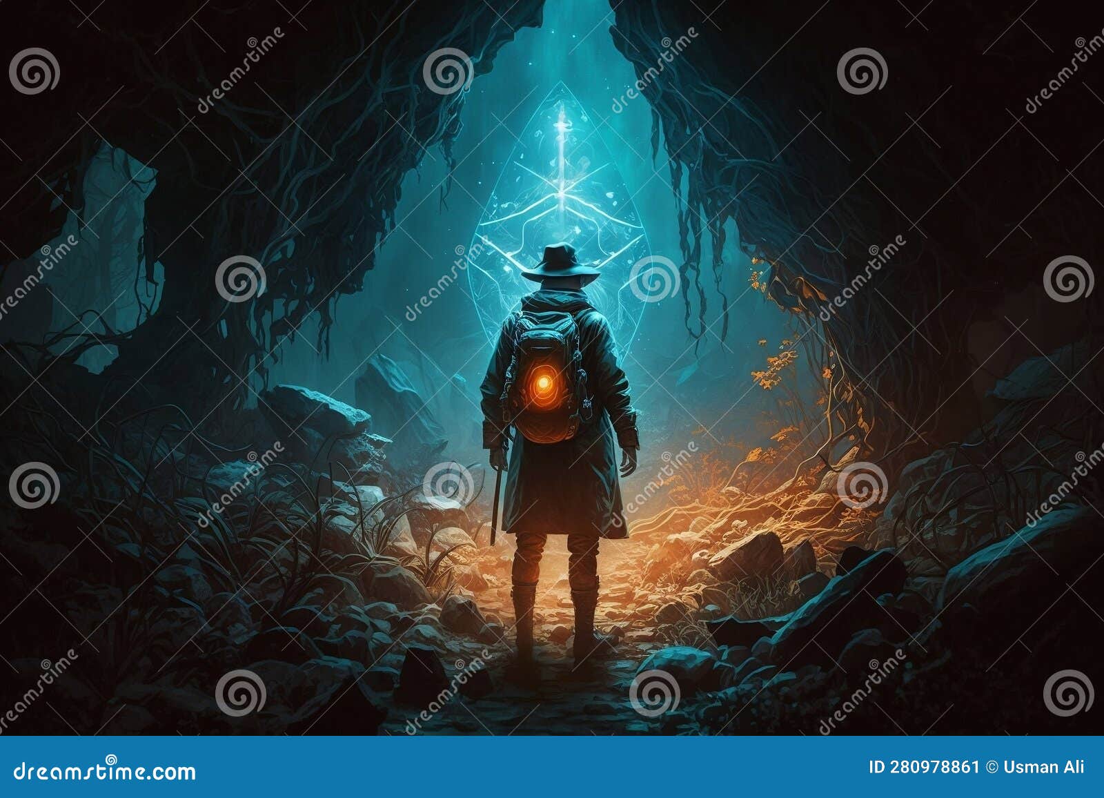 Explorer In A Mysterious Cave With Ancient Drawings And Illuminated ...