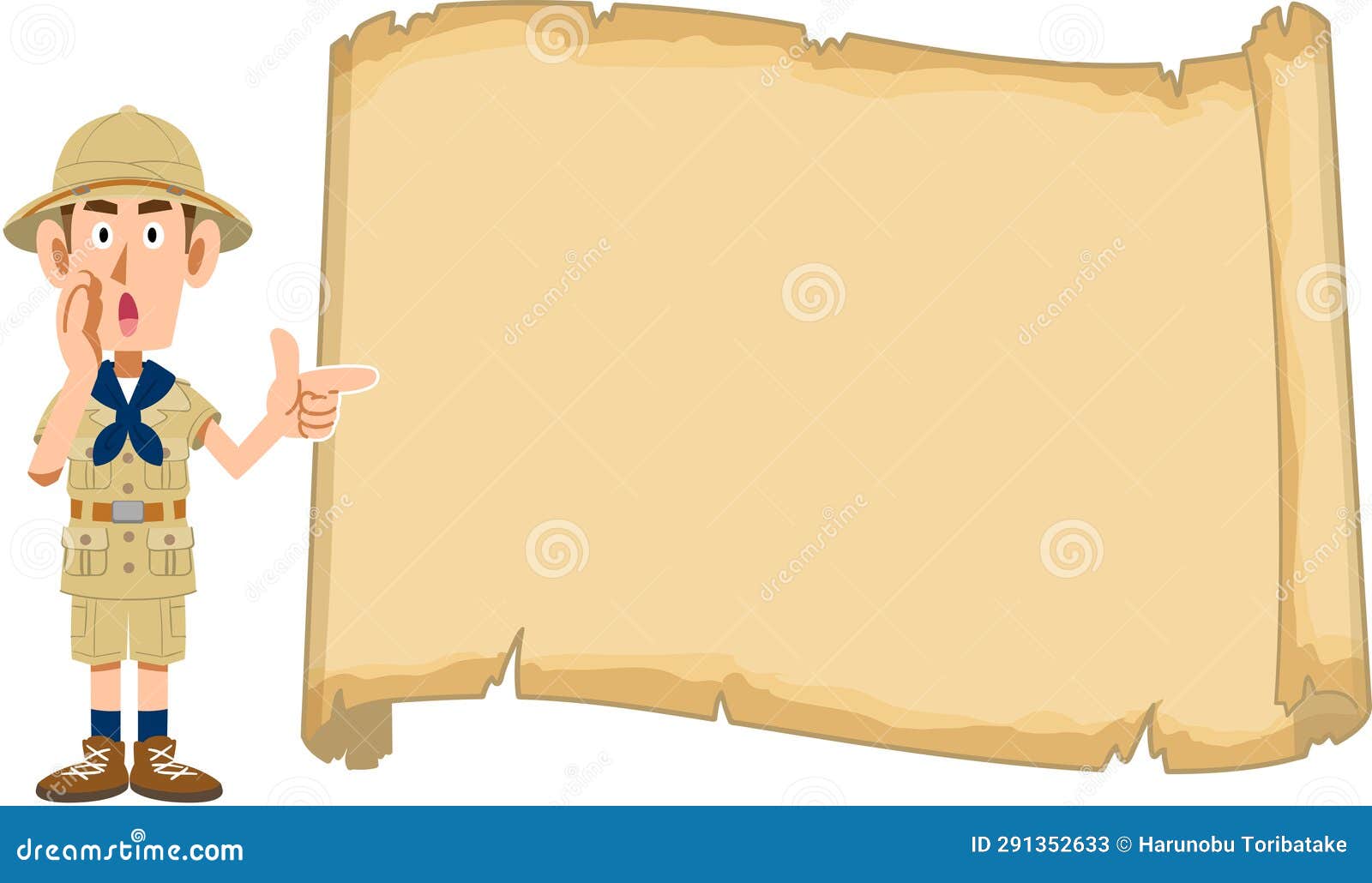 An Explorer Points To a Blank Old Map and Tells Something Stock Vector ...