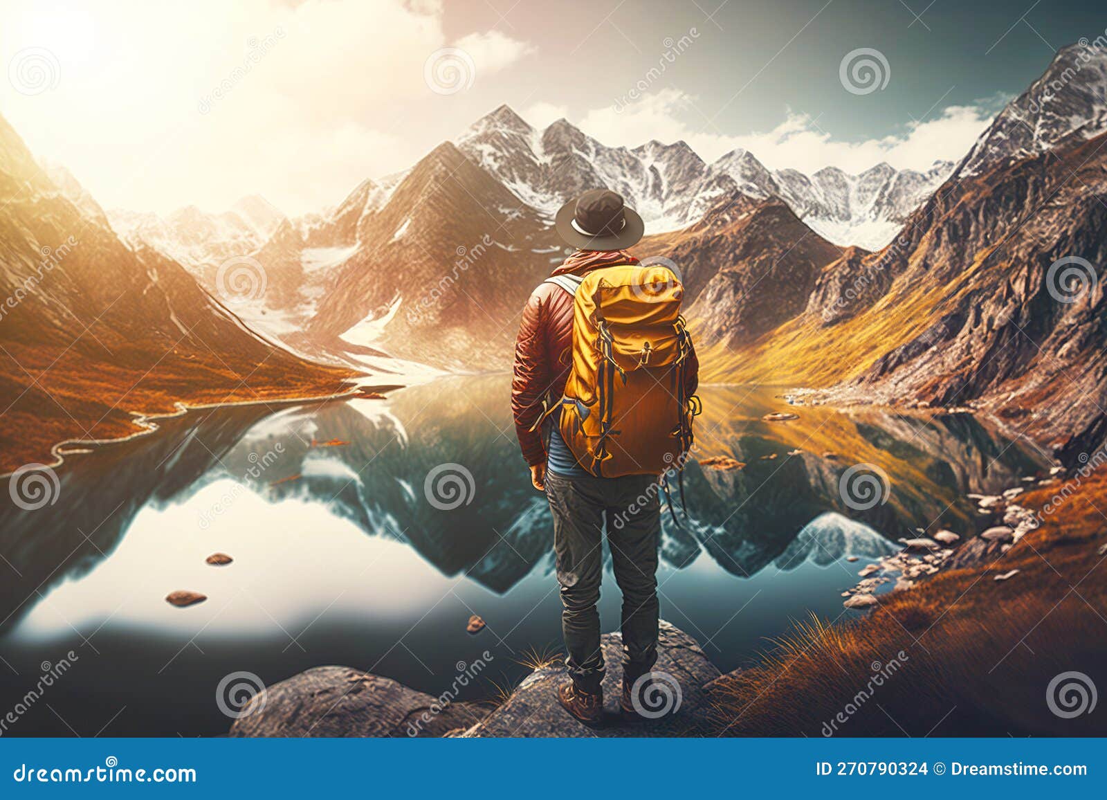 Explorer Stand in Front of High Mountain Peak with Lake Landscape ...