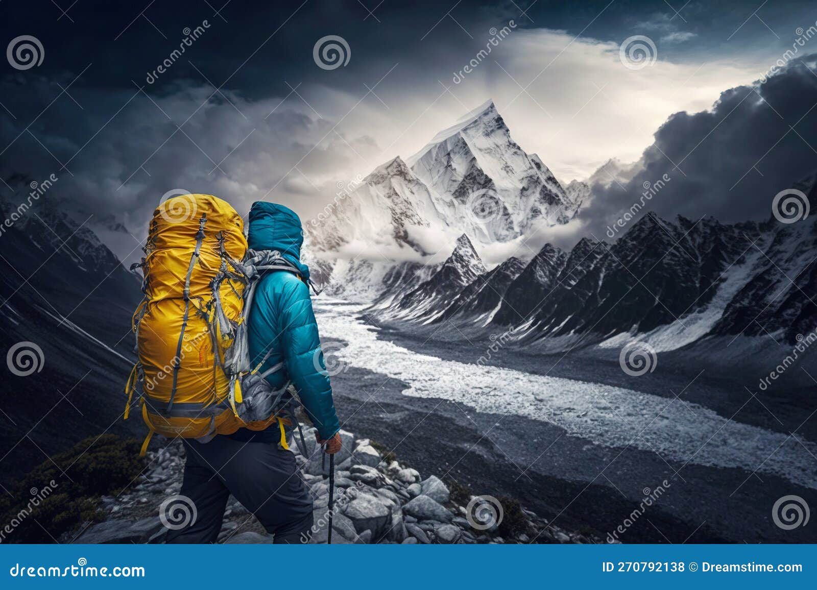 Explorer Stand in Front of High Mountain Peak Landscape. Generative AI ...