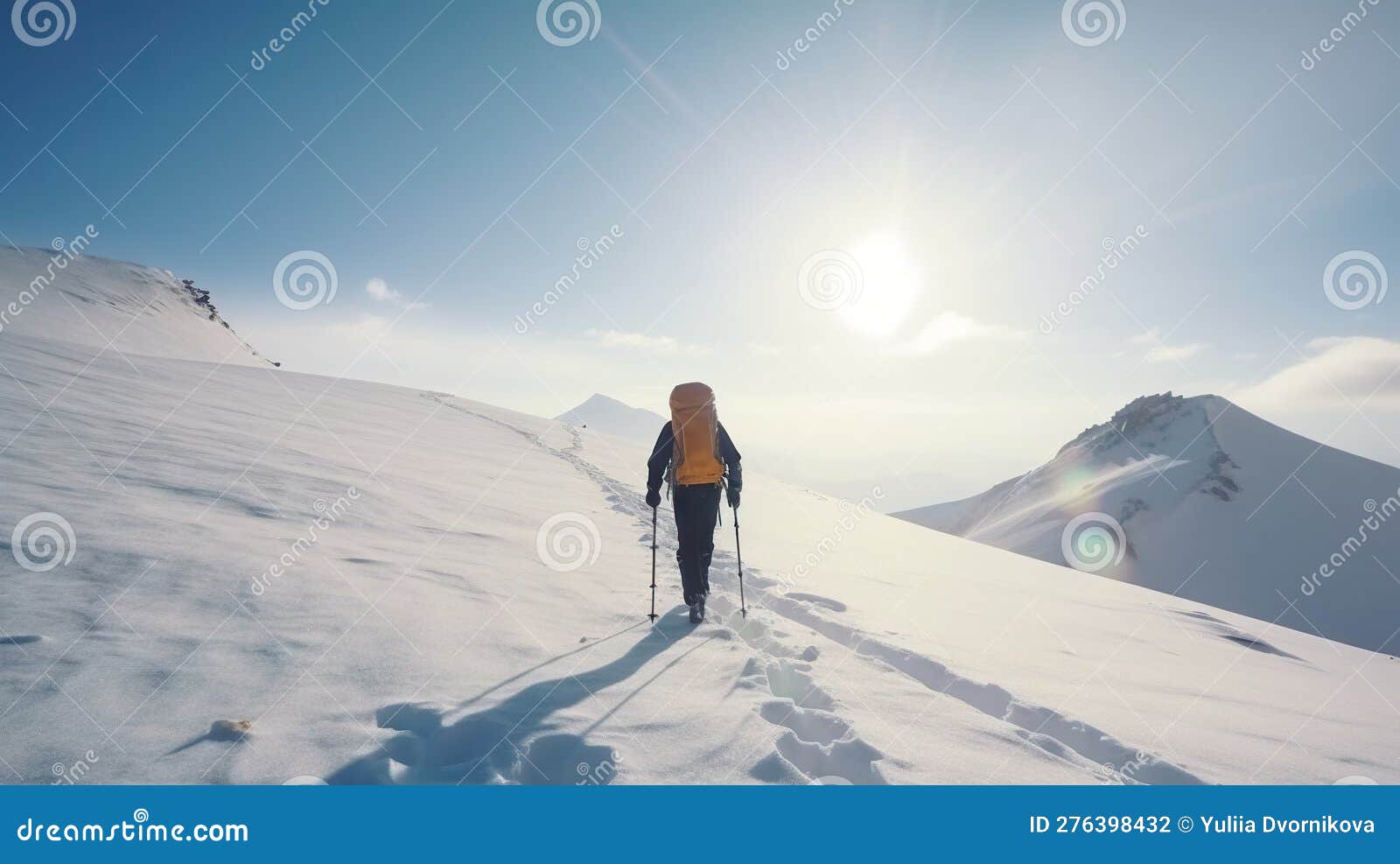 Explorer Stand in Front of High Mountain Peak Winter Snowy Landscape ...