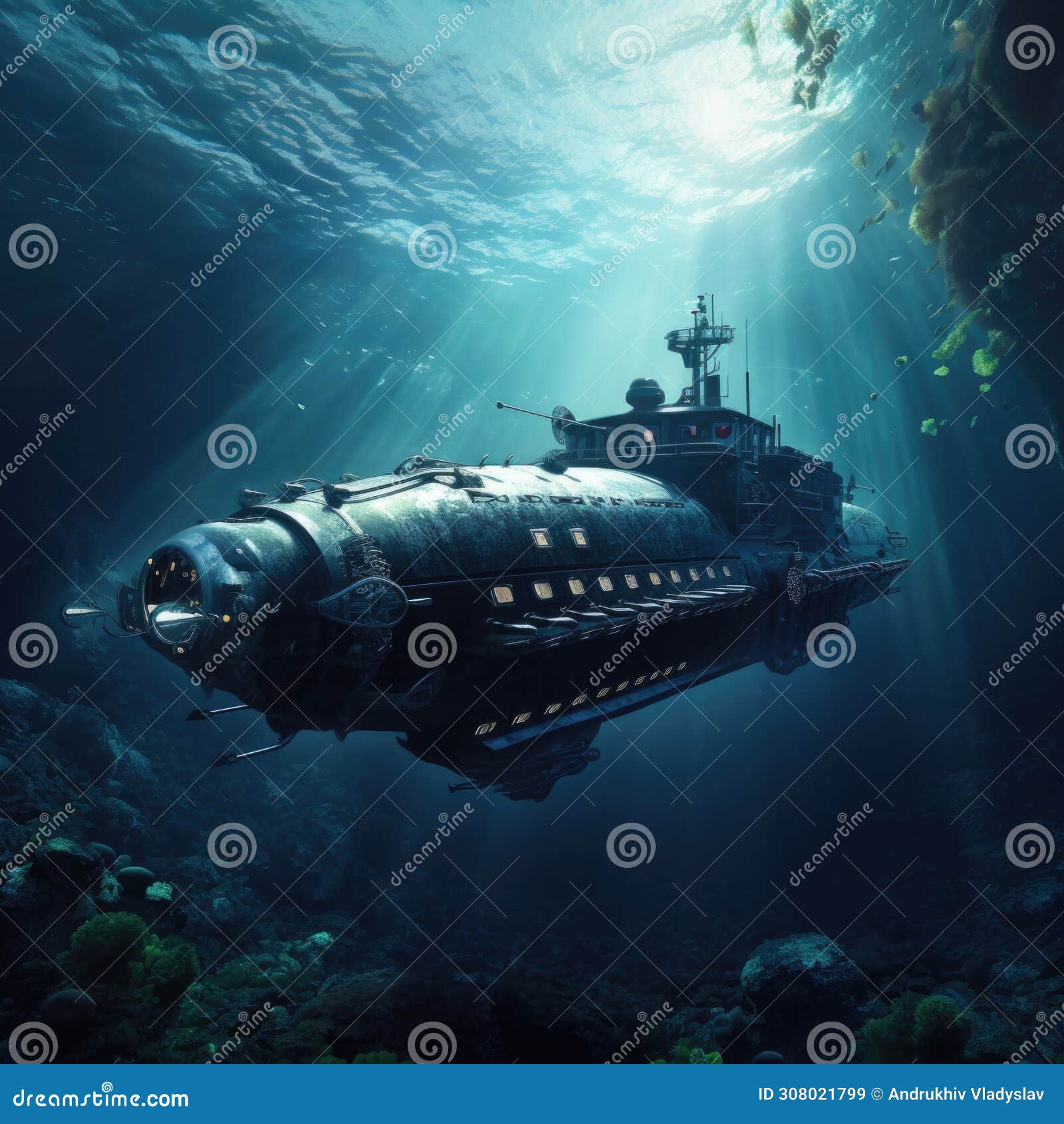 Explorer Sub Marine in Deep Ocean Stock Illustration - Illustration of ...