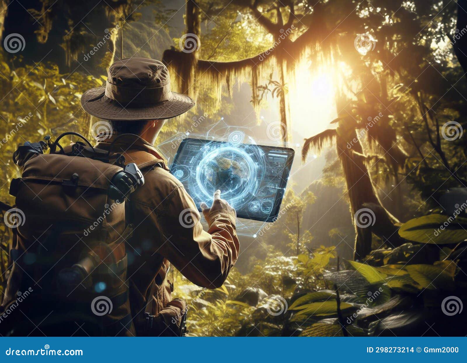 Explorer Using Tablet with Hologram Graphics on Large Tropical Forest Generative Ai Illustration ...