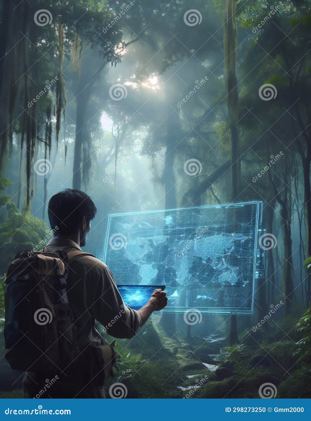 Explorer Using Tablet with Hologram Graphics on Large Tropical Forest ...