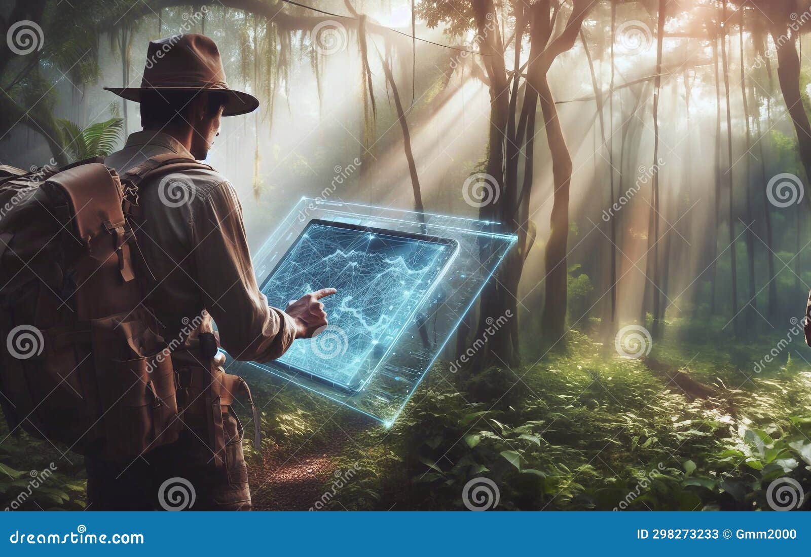 Explorer Using Tablet with Hologram Graphics on Large Tropical Forest ...