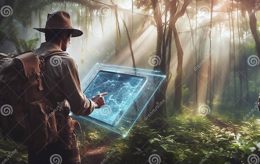 Explorer Using Tablet with Hologram Graphics on Large Tropical Forest Generative Ai Illustration ...