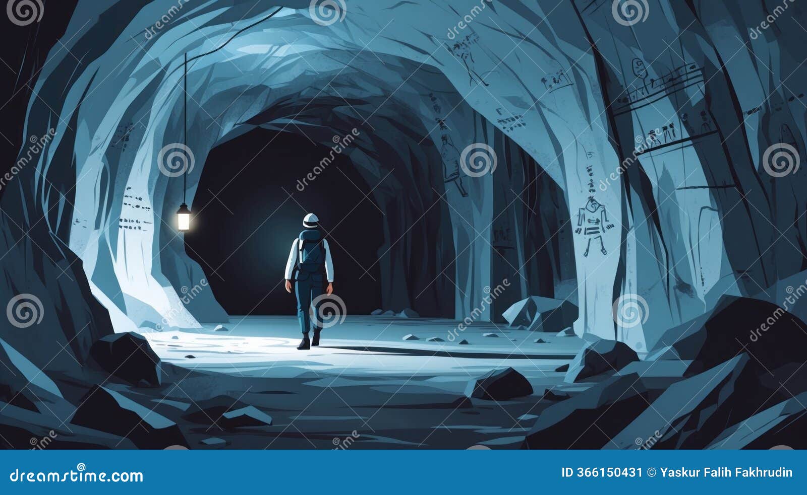 Explorer In A Mysterious Cave With Ancient Drawings And Illuminated ...