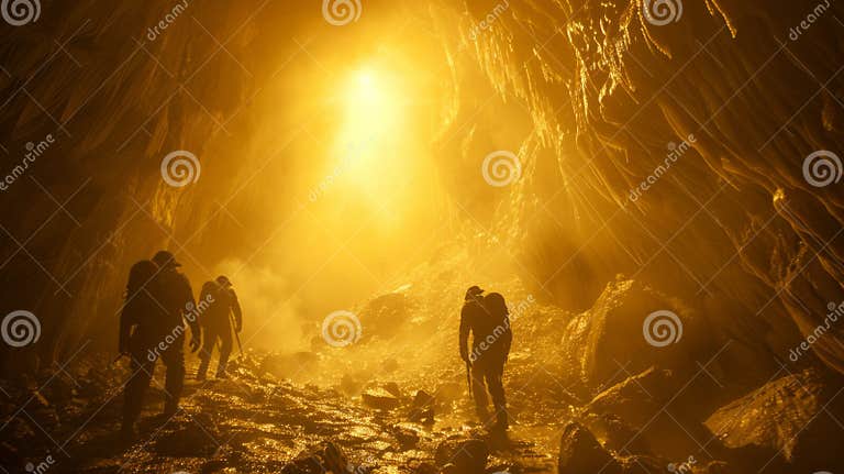 Explorers Encounter a Terrifying Creature in a Dark Cave. Stock ...