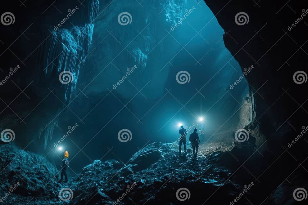 Explorers with Headlamps Navigating a Large, Dark, Blue Cave with Rock ...