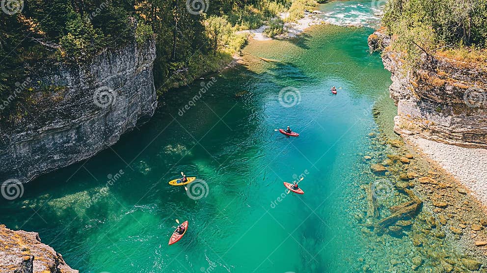 Explorers Kayak on Vibrant River Surrounded by Lush Cliffs and Greenery ...