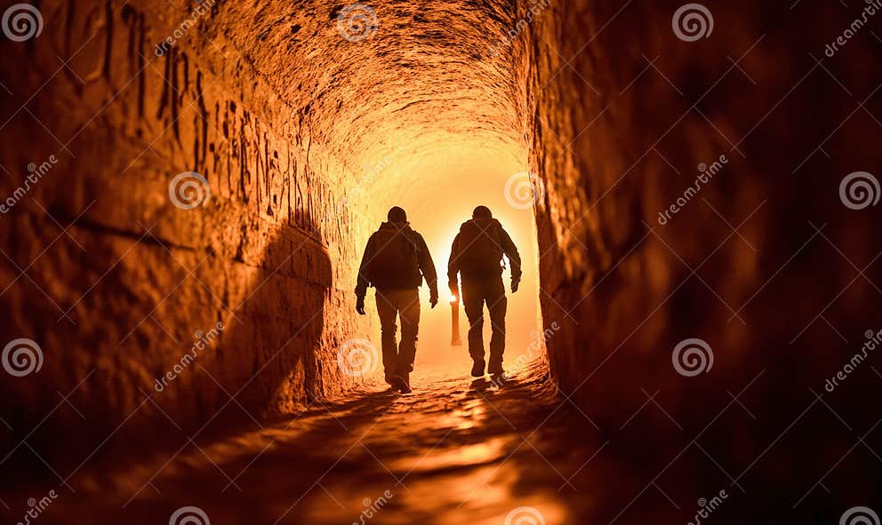 Explorers Navigating Ancient Underground Ruins by Torchlight Stock ...