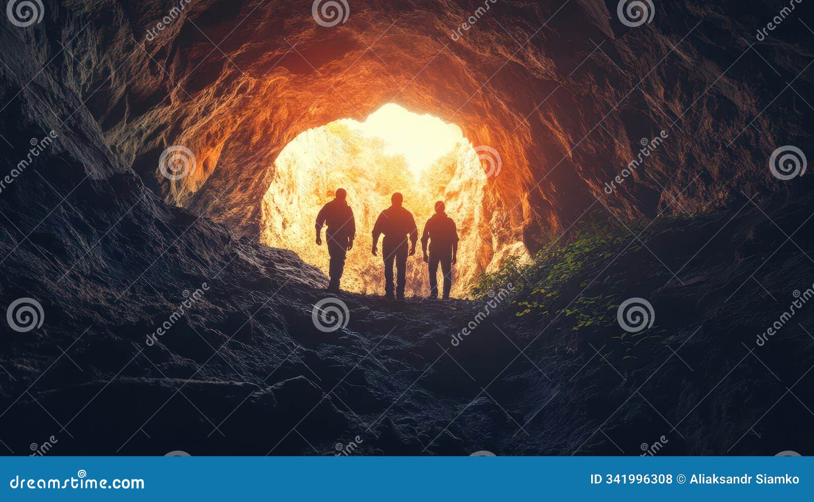 Explorers Stepping Out of Cave into Unknown World Stock Illustration ...