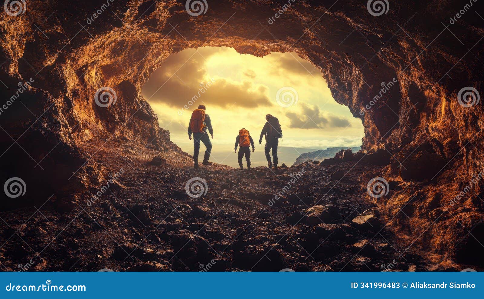 Explorers Stepping Out of Cave into Unknown World Stock Illustration ...