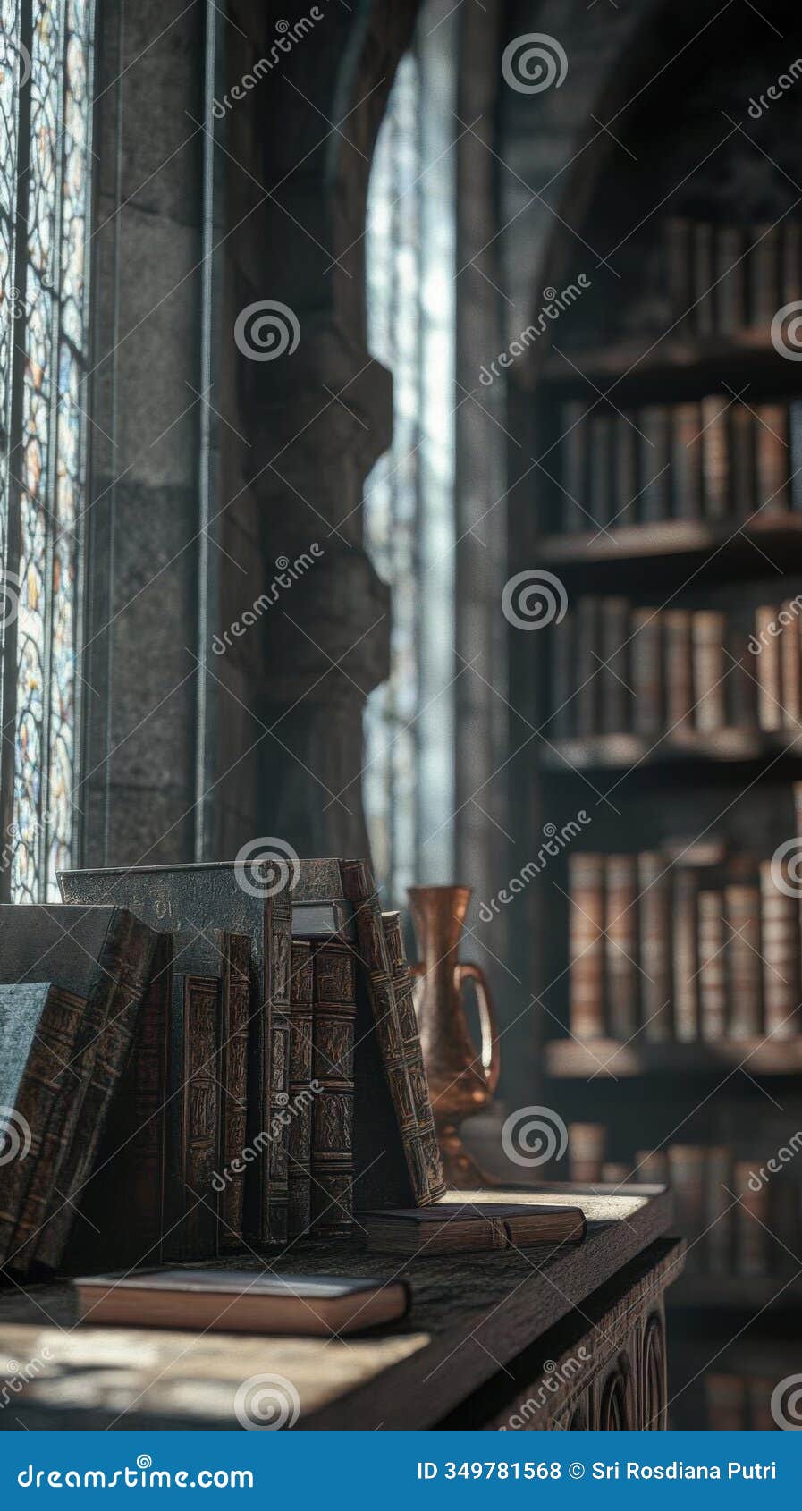 Exploring Ancient Books in a Gothic Library Stock Illustration ...