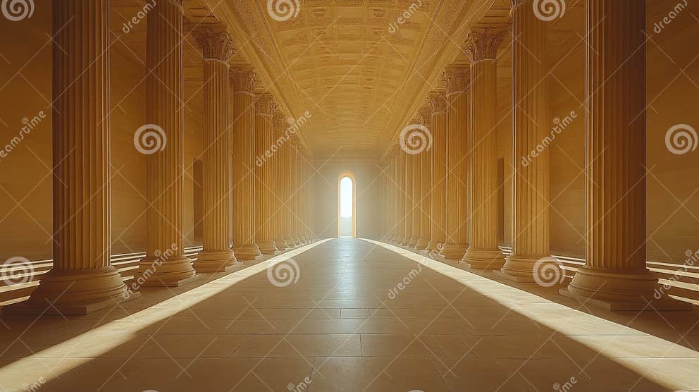 Exploring an Ancient Corridor with Classical Columns Illuminated by ...