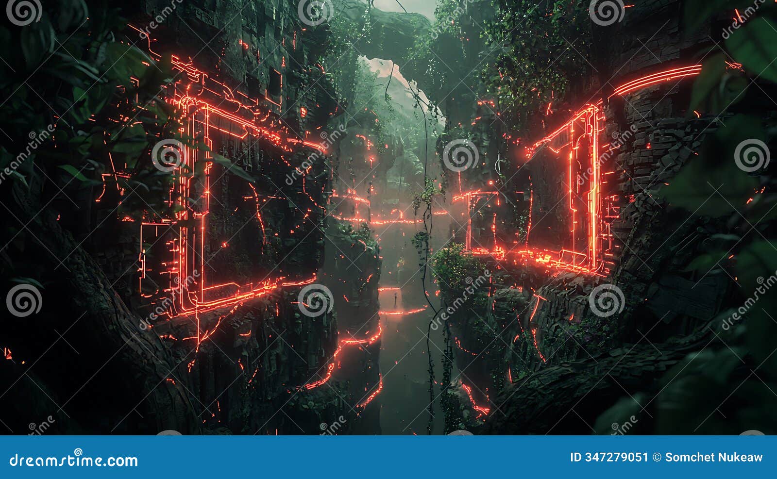 Exploring Ancient Ruins Enveloped by Digital Vines and Glowing Light in ...
