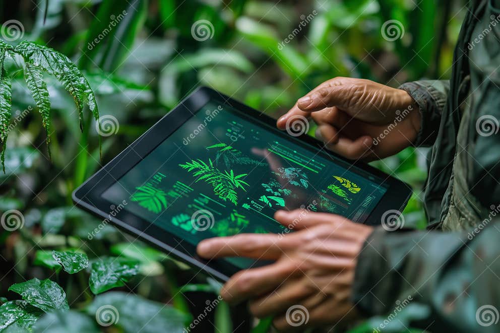 Exploring Digital Nature: Hands Navigating Technology Amid Lush ...