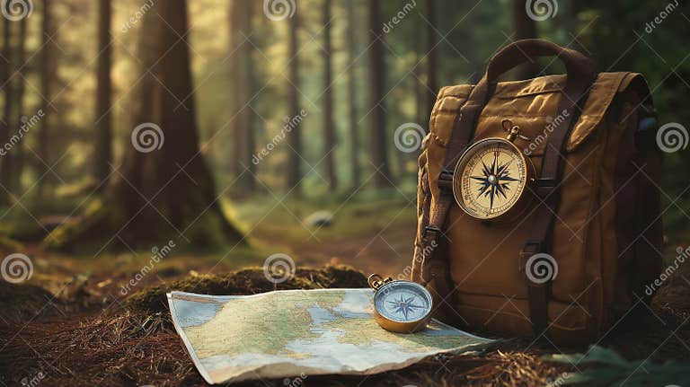 Exploring the Forest with a Compass, Map, and Backpack on a Sunlit Morning. Generative AI Stock ...