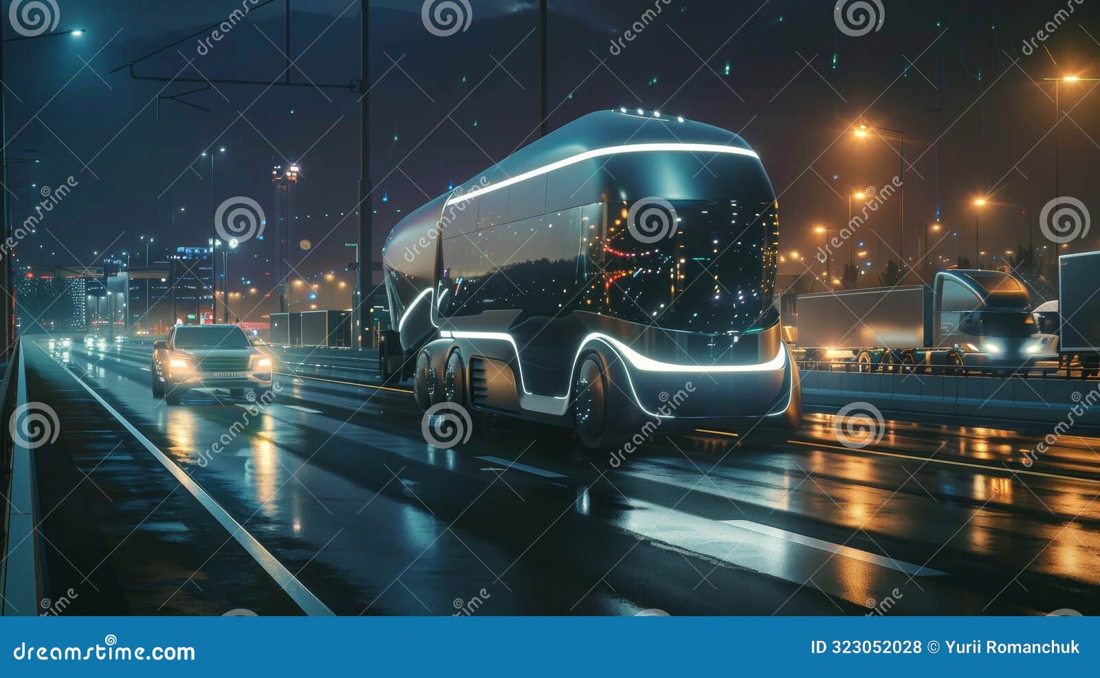 Autonomous Trucks On Futuristic Highway At Night, Illuminated With ...