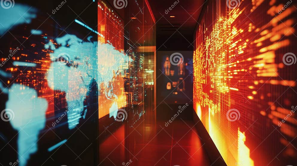 Exploring a Futuristic Corridor with Interactive Tech Displays and ...