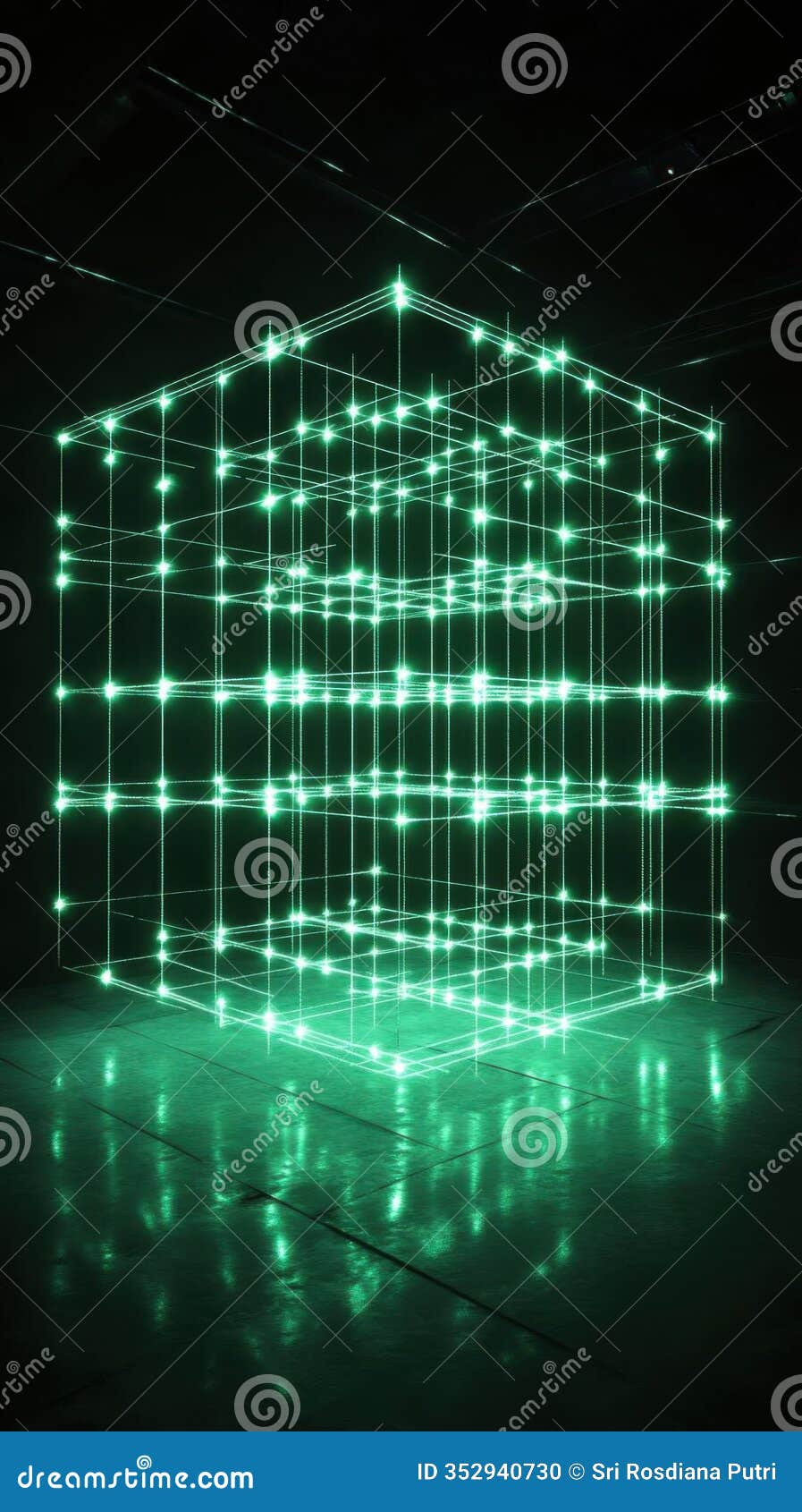 Exploring A Glowing Green Cube, Digital Art Installation Stock Photo ...