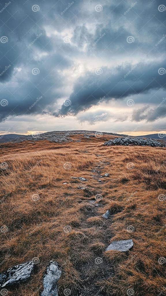 Exploring a Hilltop Path Under Dramatic Skies Stock Illustration ...