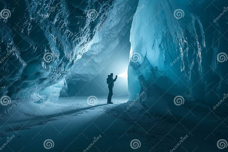 Exploring an Ice Cave with Stunning Blue Formations Stock Illustration ...