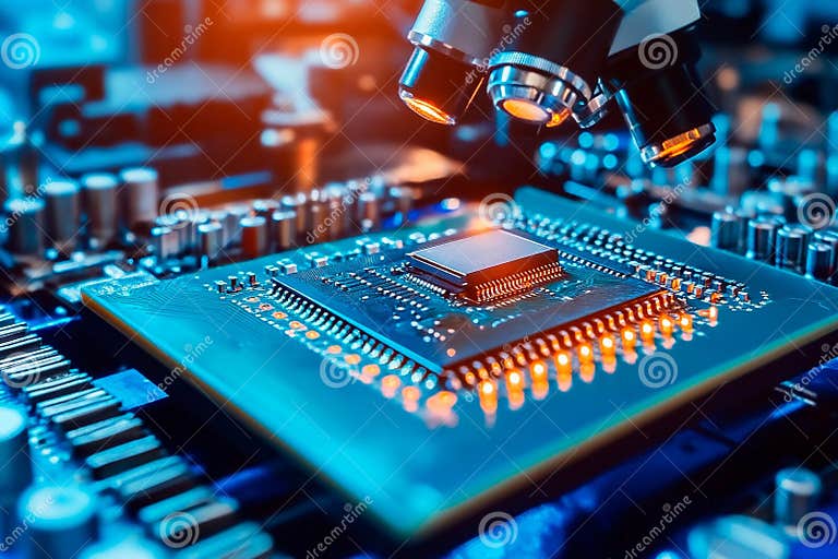 Exploring the Intricate Details of a Microchip Under a Microscope in a ...