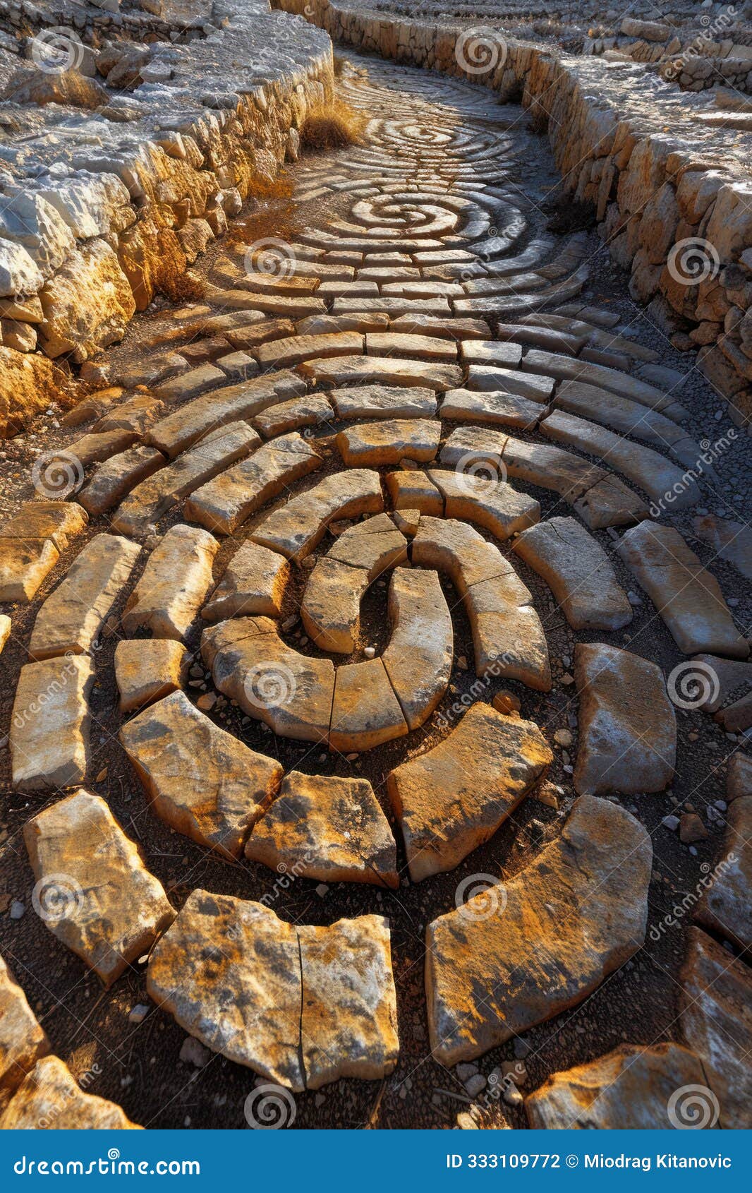 Exploring the Intricate Stone Maze at the Ancient Site during Sunset ...